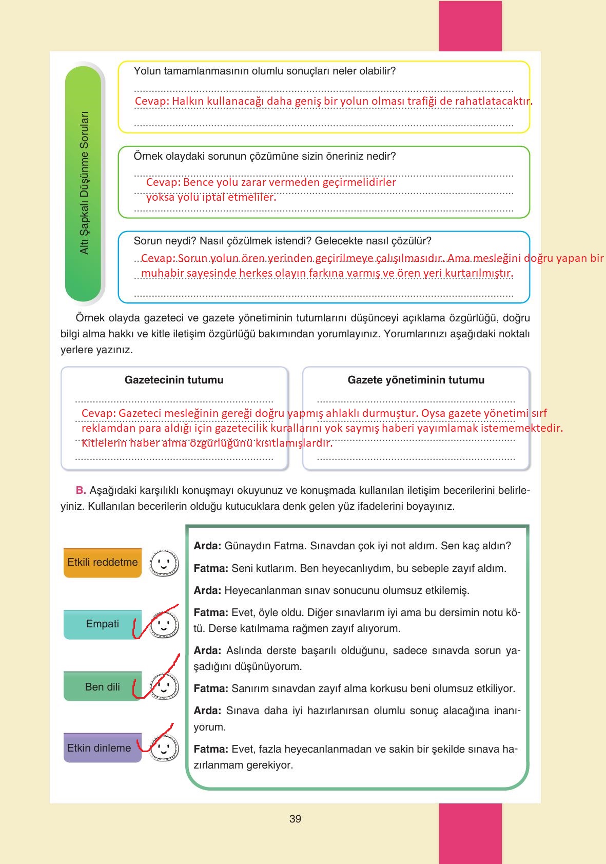 7. Sınıf Yıldırım Yayınları Sosyal Bilgiler Ders Kitabı Sayfa 39 Cevapları - karnehesaplama.com