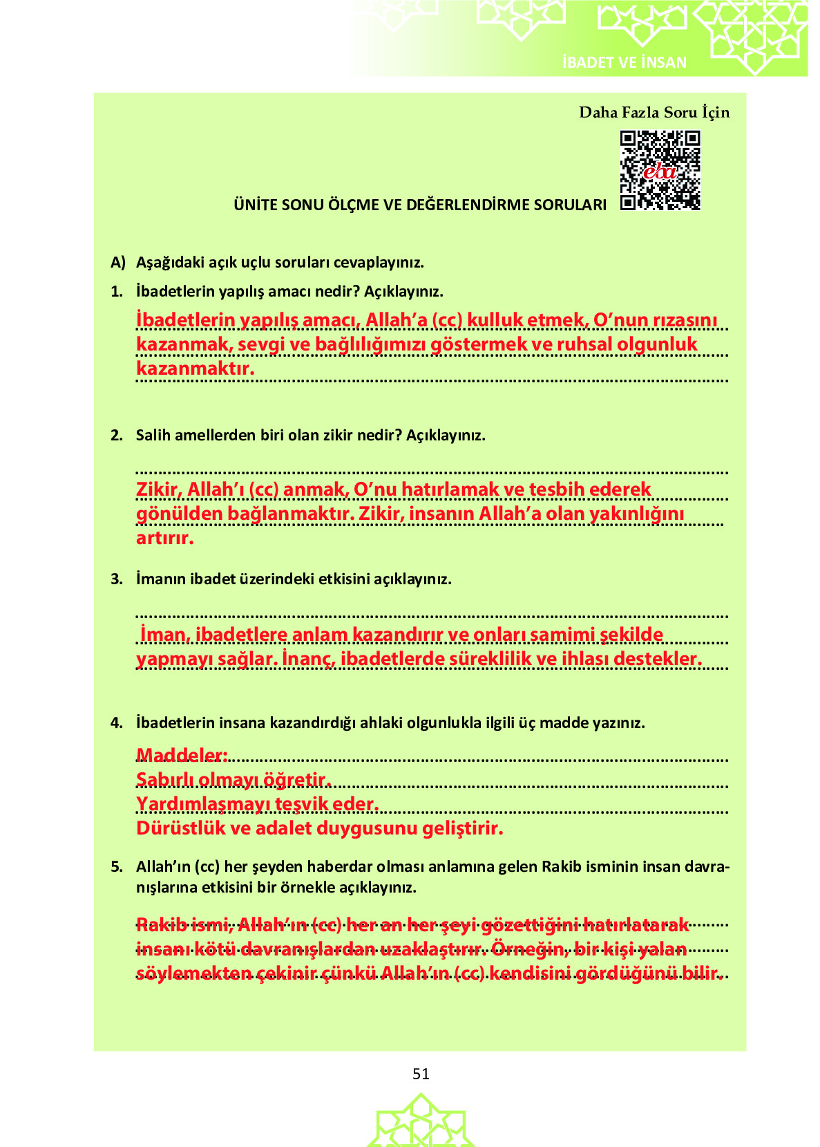 6. Sınıf Meb Yayınları Temel Dini Bilgiler İslam 1 Ders Kitabı Sayfa 51 Cevapları ...